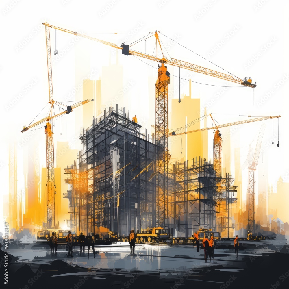 watercolor painting of a building under construction with cranes Stock ...