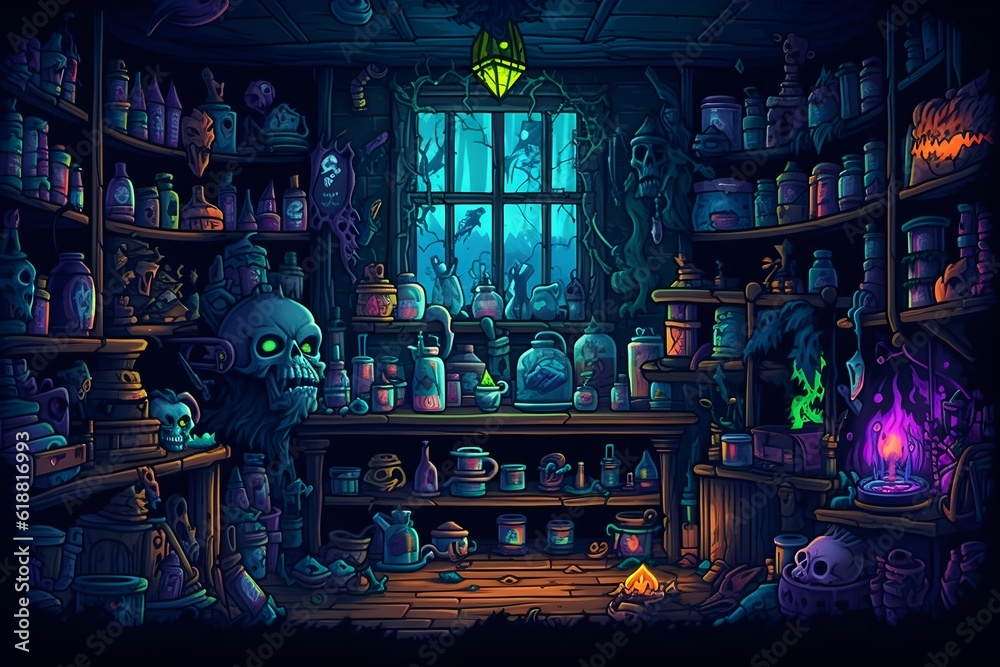 alchemical laboratory with magic books and potion cartoon illustration ...