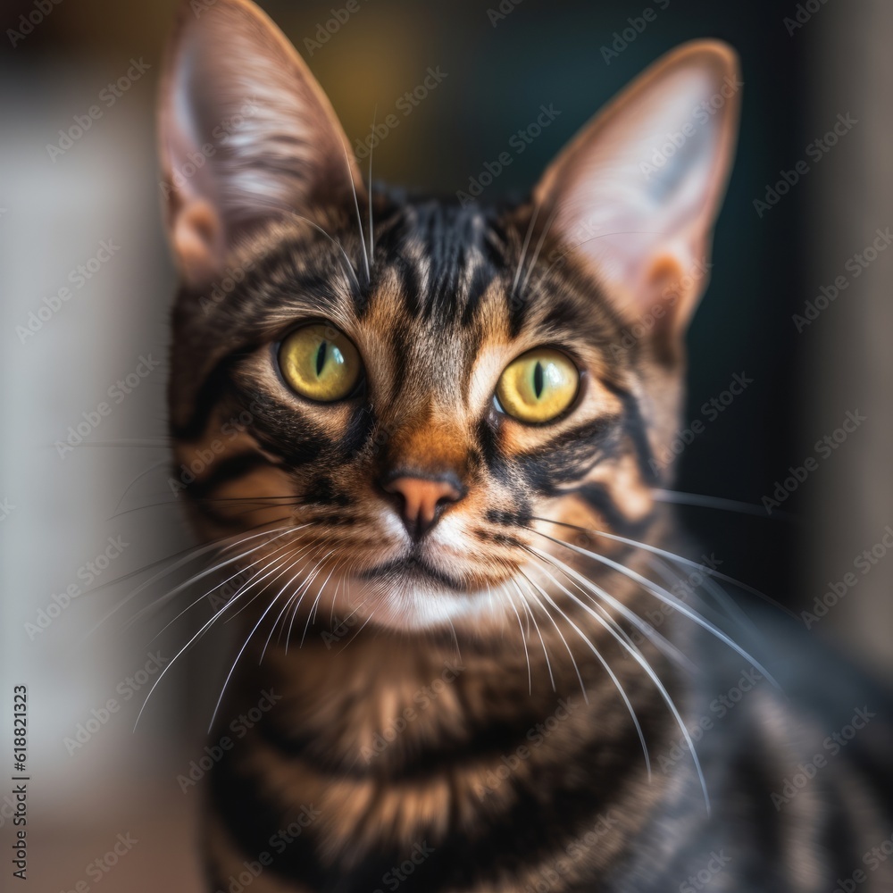 Portrait of a black Toyger cat sitting in a light room beside a window ...