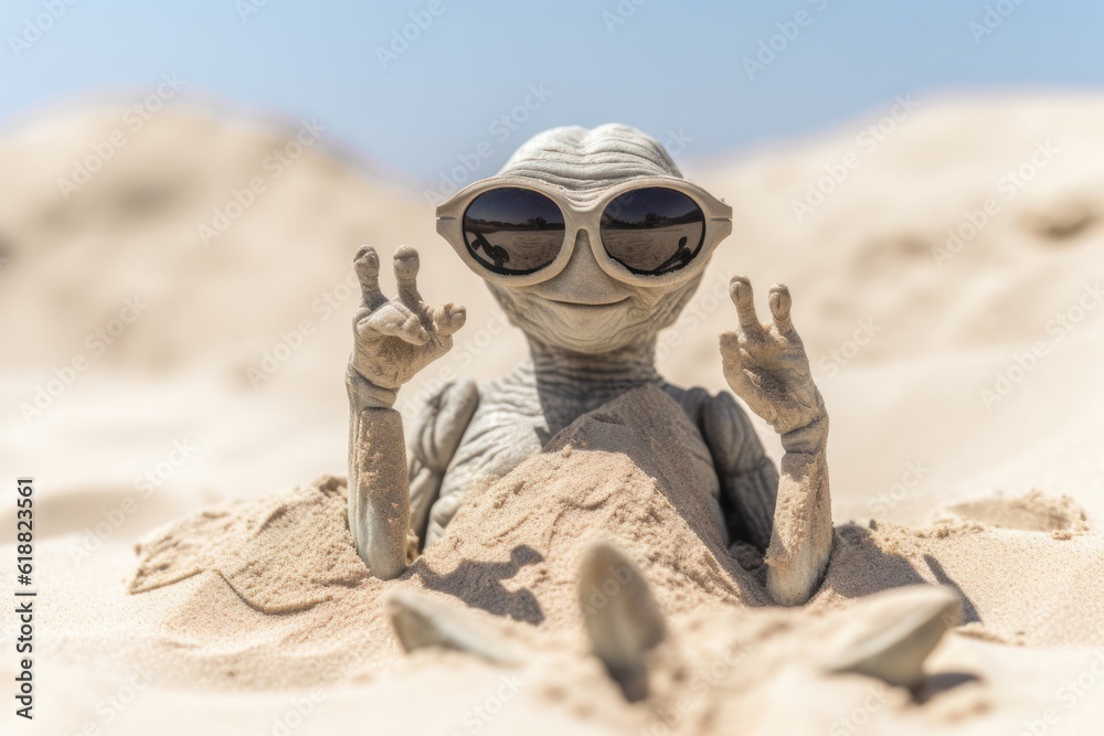 Funny realistic alien showing fingers half buried in sand on a beach ...