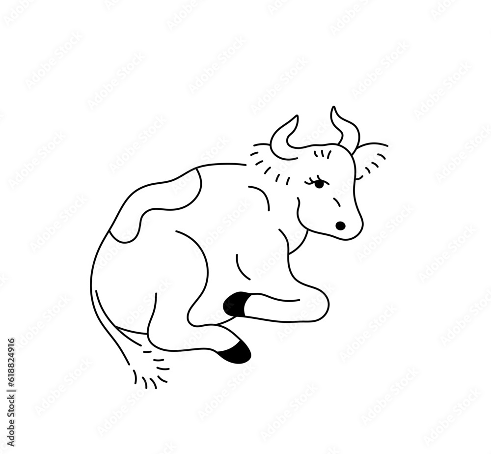 Vector isolated one single lying cow colorless black and white contour ...