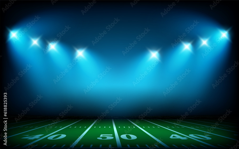 Illuminated american football stadium with projectors. 3d vector ...