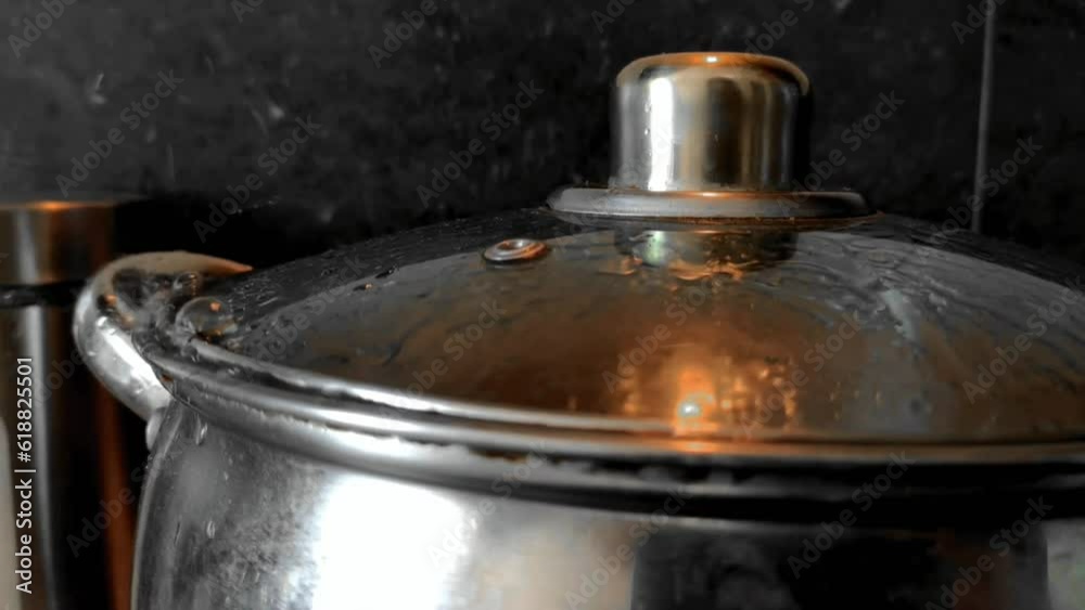 Cook Dinner On Stove. Boiling Water Steel Pan. Steam Boil Water ...