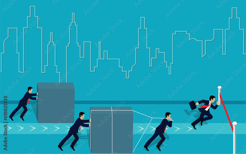 Businessman compettion push the obstacle and run go to the finish line ...