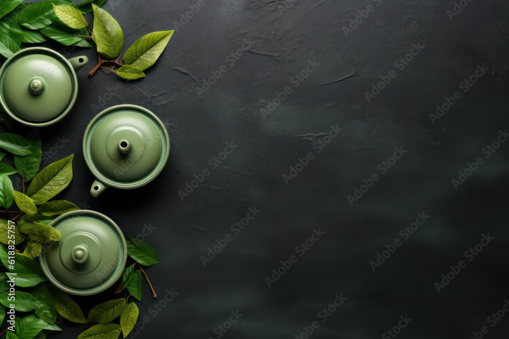 Top view of the ceramic tea set and green tea leaves. Asian tea ...