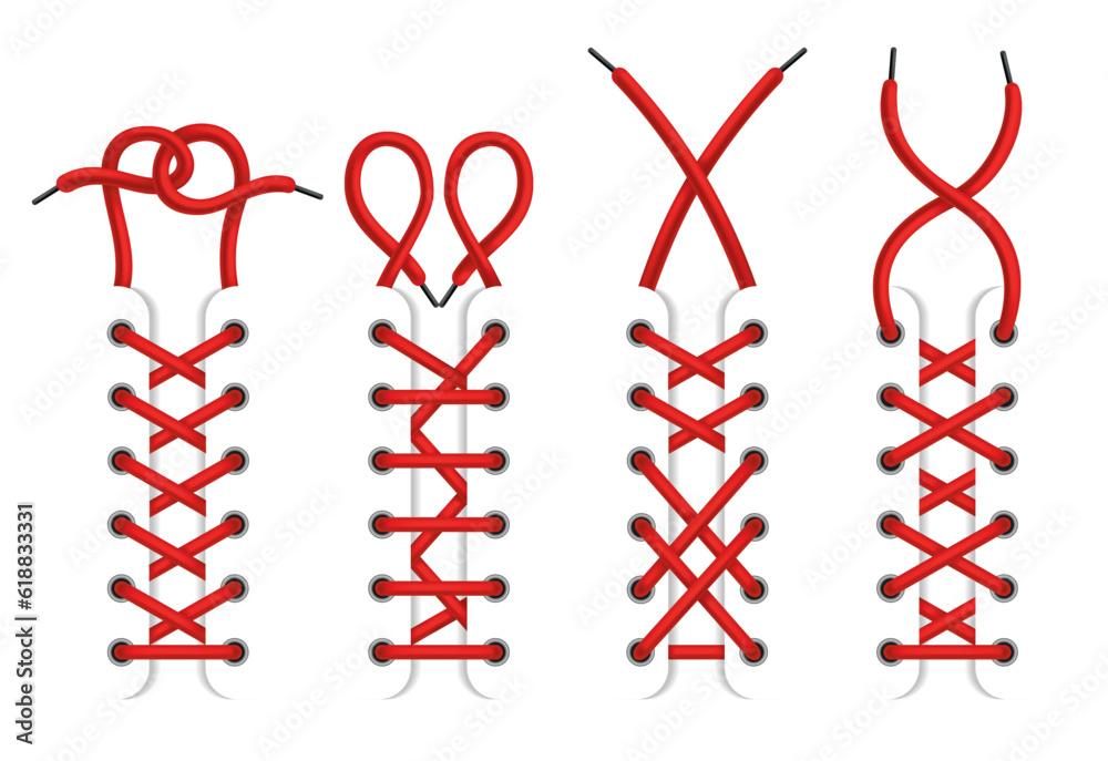 Red lace shoes. Schemes of tying shoelaces. Icon set with tied and ...
