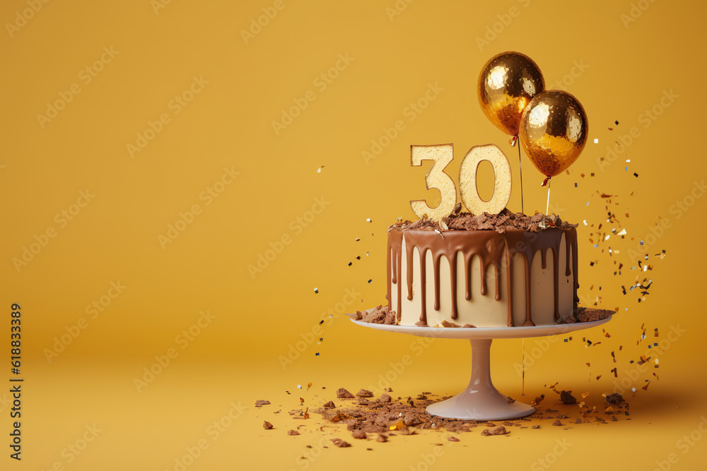 Thirty birthday yellow cake decorated with chocolate, sweets on a ...