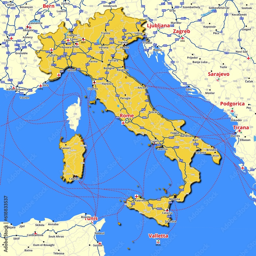 Map of Italy with main roads and highways Stock Illustration | Adobe Stock