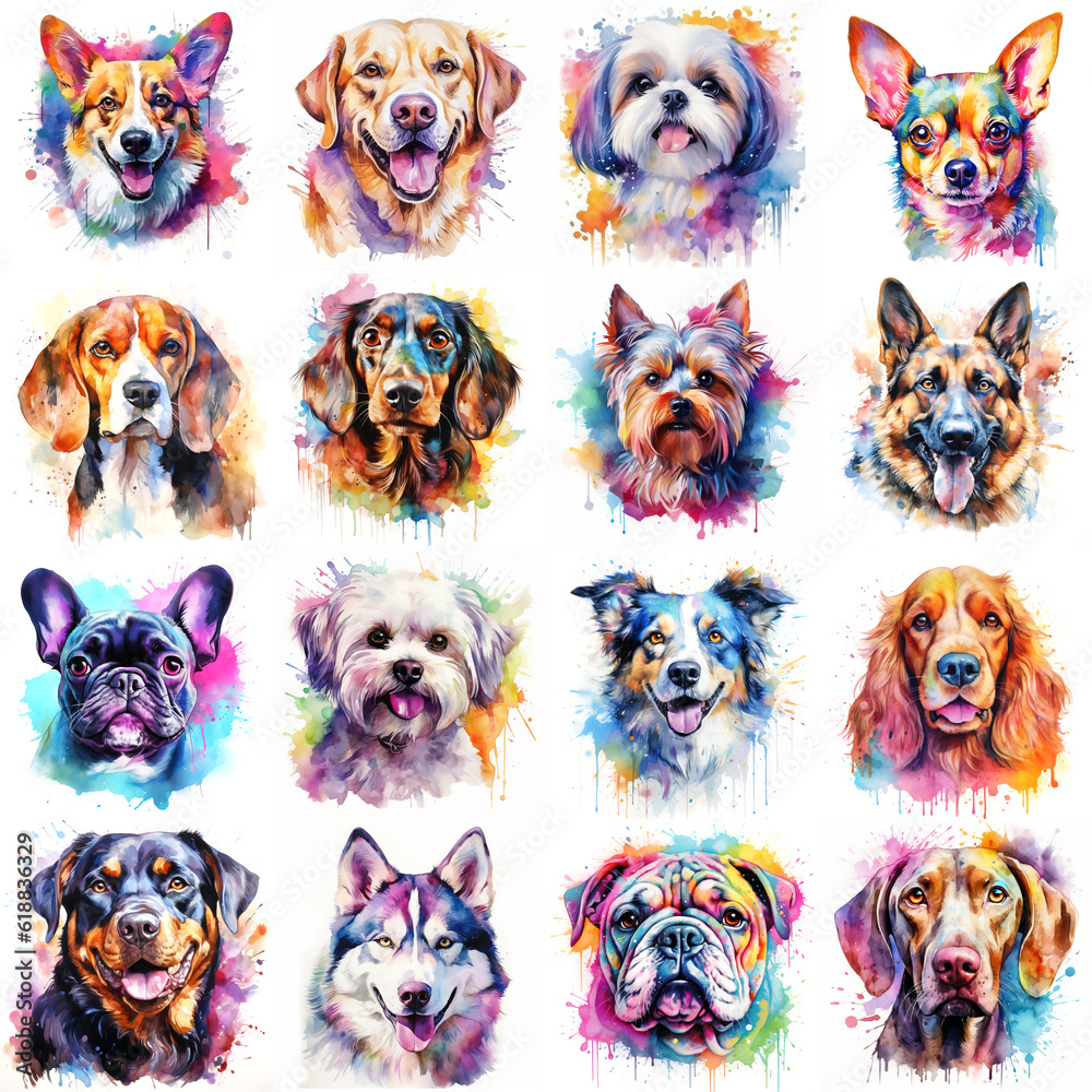 Set of dogs of various breeds painted in watercolor on a white ...