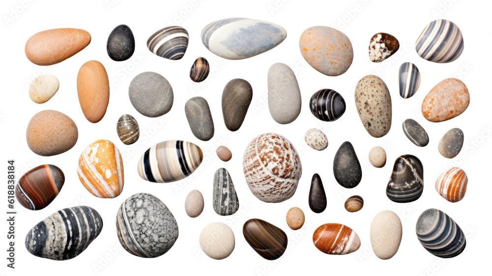 collection of pebbles and seashells isolated on a transparent ...