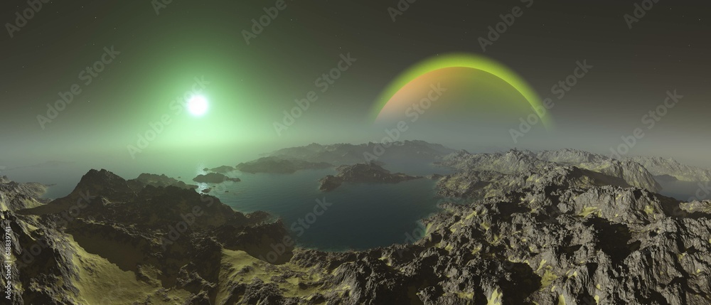 extraterrestrial landscape, alien star sunset, HDRI, 3d rendering Stock ...