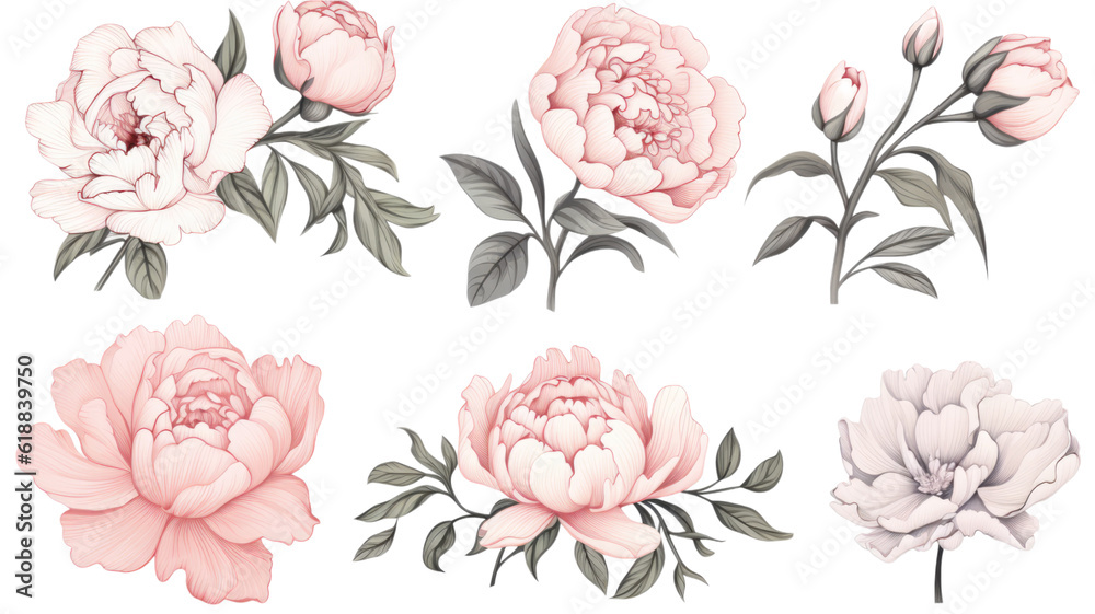 collection of hand drawn peonies and roses flowers isolated on a ...