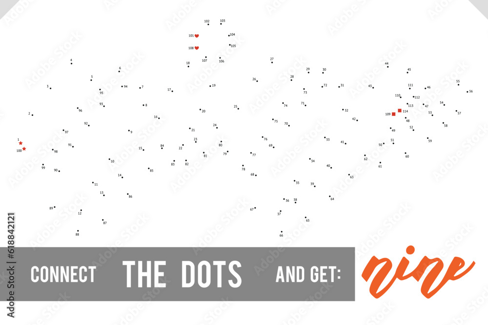 Lettering Word Nine by dot to dot for children and adults. Numbers game ...