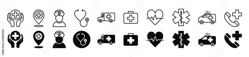 Medical care thin line and flat style icons. Health care, map pin ...