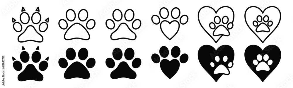 Paw icons set in line and flat style. Paw print, animals, pets symbol ...