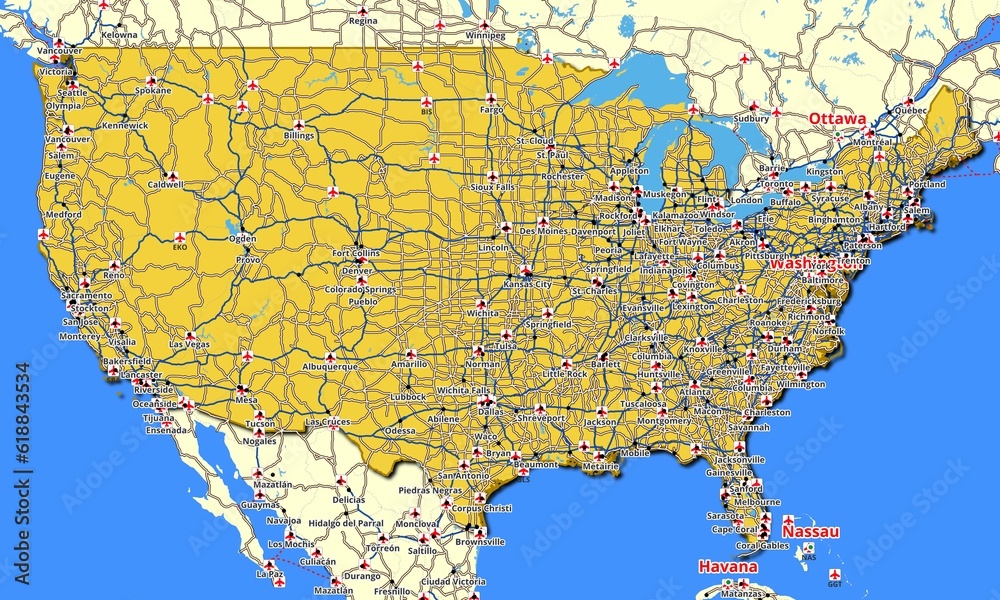Map of United States of America with main roads and highways Stock ...