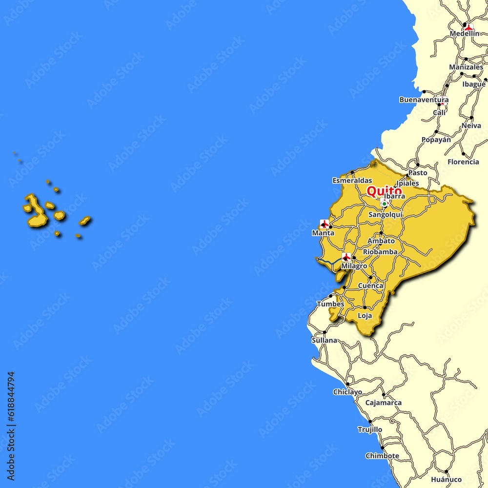 Map of Ecuador with main roads and highways Stock Illustration | Adobe ...