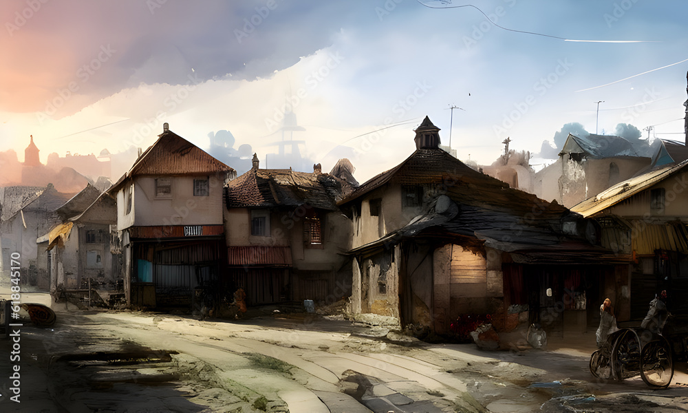 Line art watercolor wash of ancient primitive villages streetscape ...