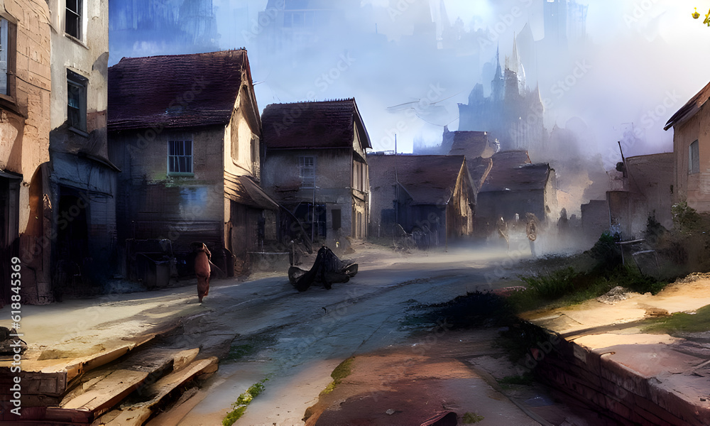 Line art watercolor wash of ancient primitive villages streetscape ...