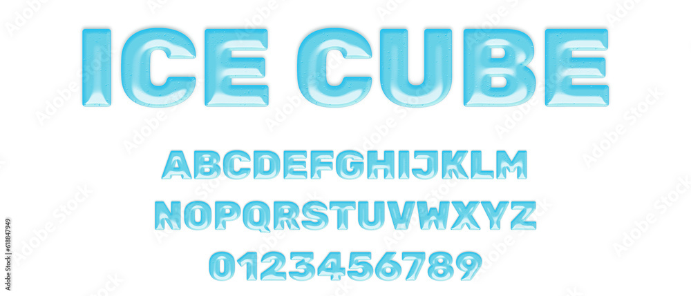 Blue colored ice cube alphabet with capital letters and numbers, frozen ...