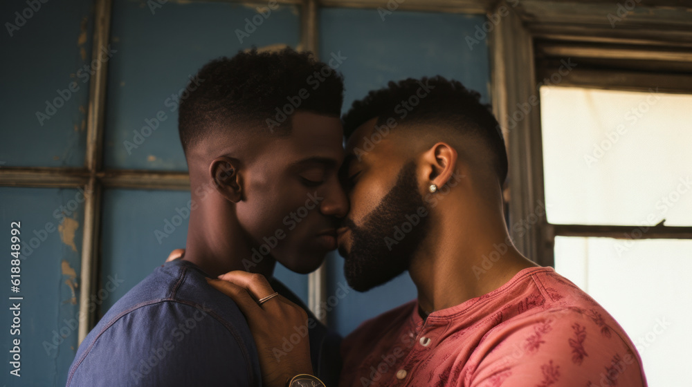 Two black african gay men kissing in middle of a home backdrop Stock Illustration | Adobe Stock