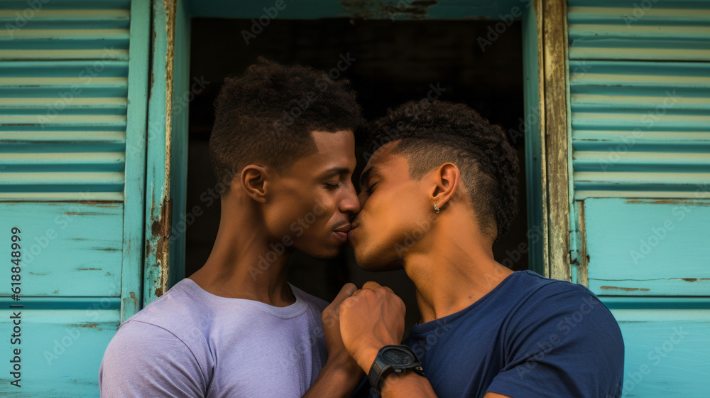 Two black african gay men kissing in middle of a home backdrop Stock Illustration | Adobe Stock