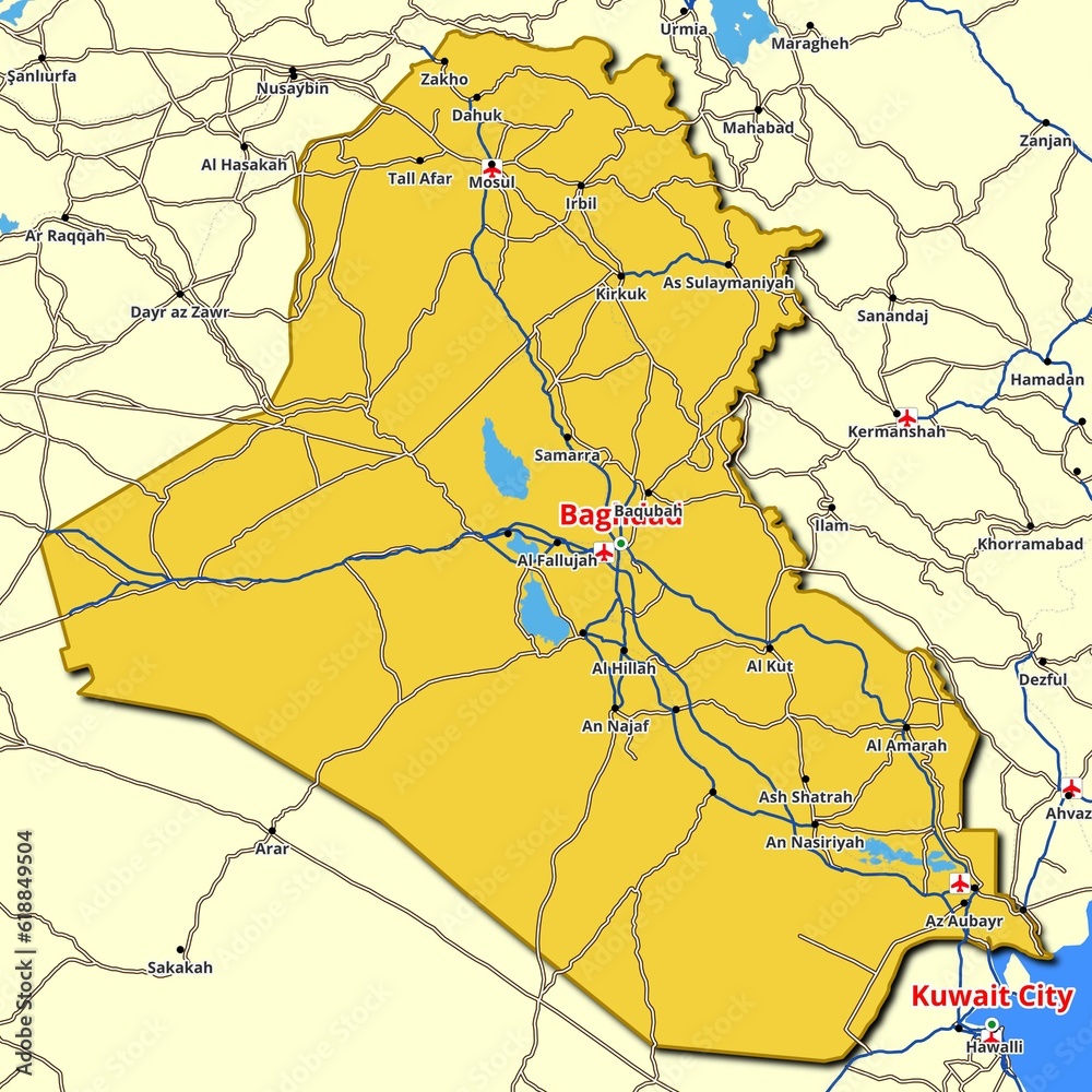 Map of Iraq with main roads and highways Stock Illustration | Adobe Stock