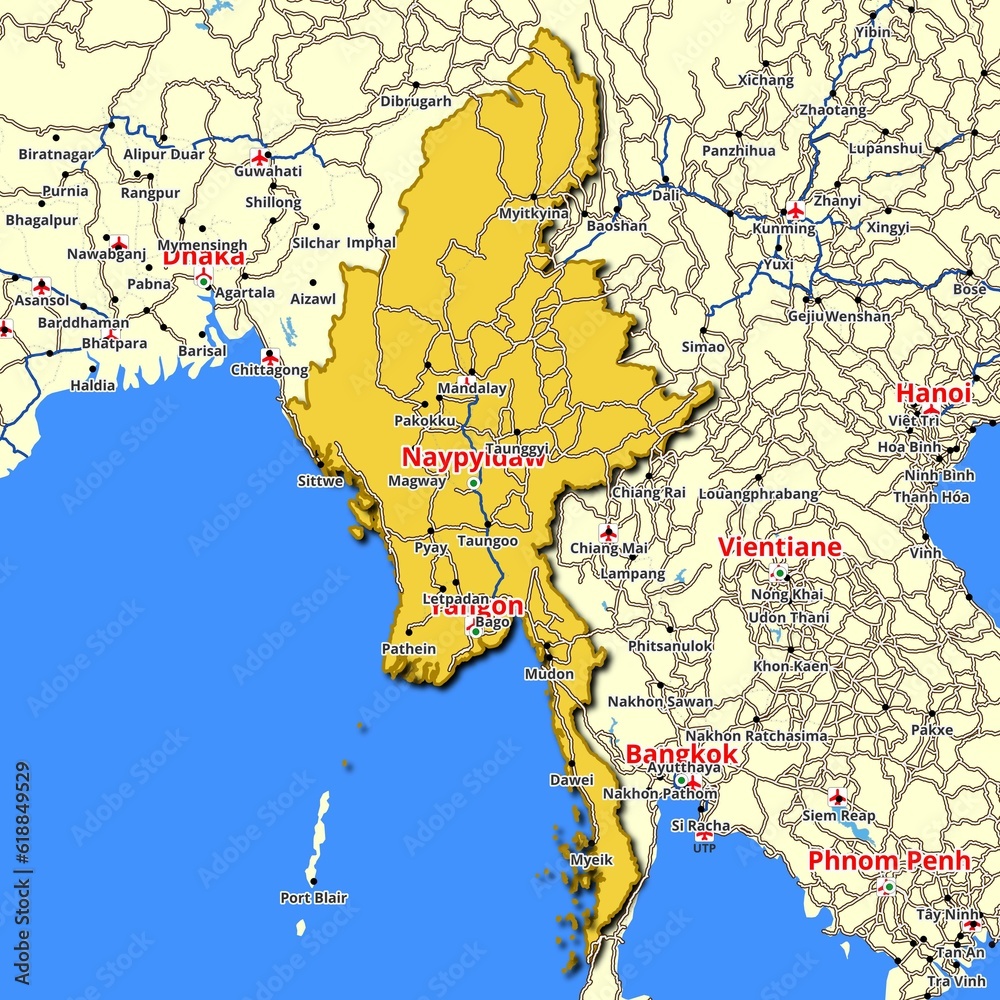 Map of Myanmar with main roads and highways Stock Illustration | Adobe ...
