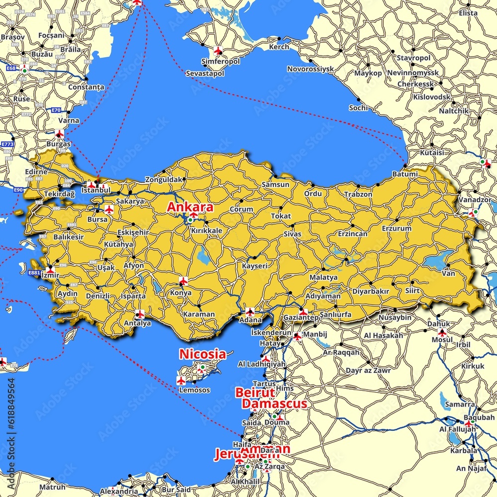 Map of Turkey with main roads and highways Stock Illustration | Adobe Stock