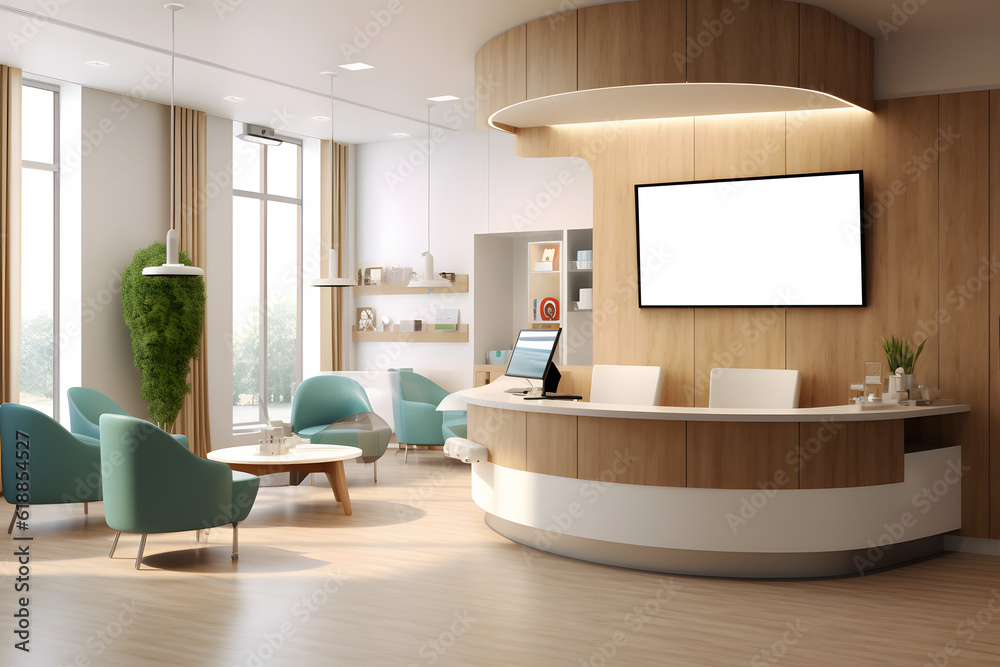 hospital reception. TV mockup font view in the in-hospital reception ...