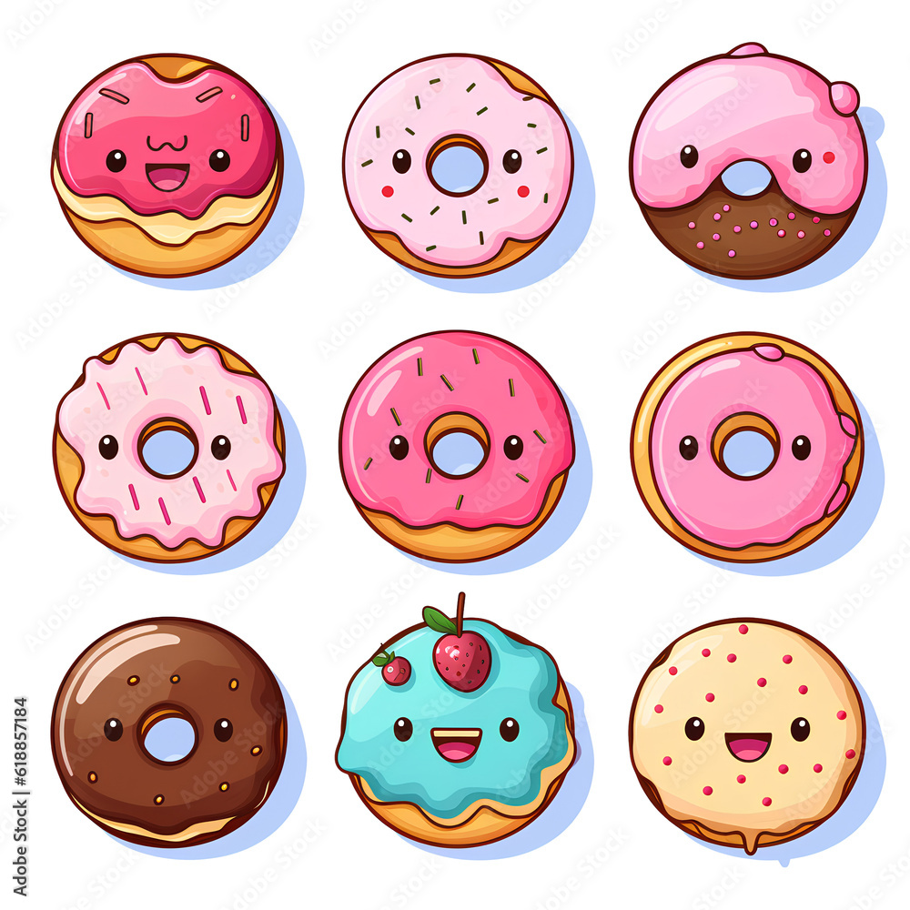 set of smiles cute kawaii donut pack AI generative Stock Illustration ...