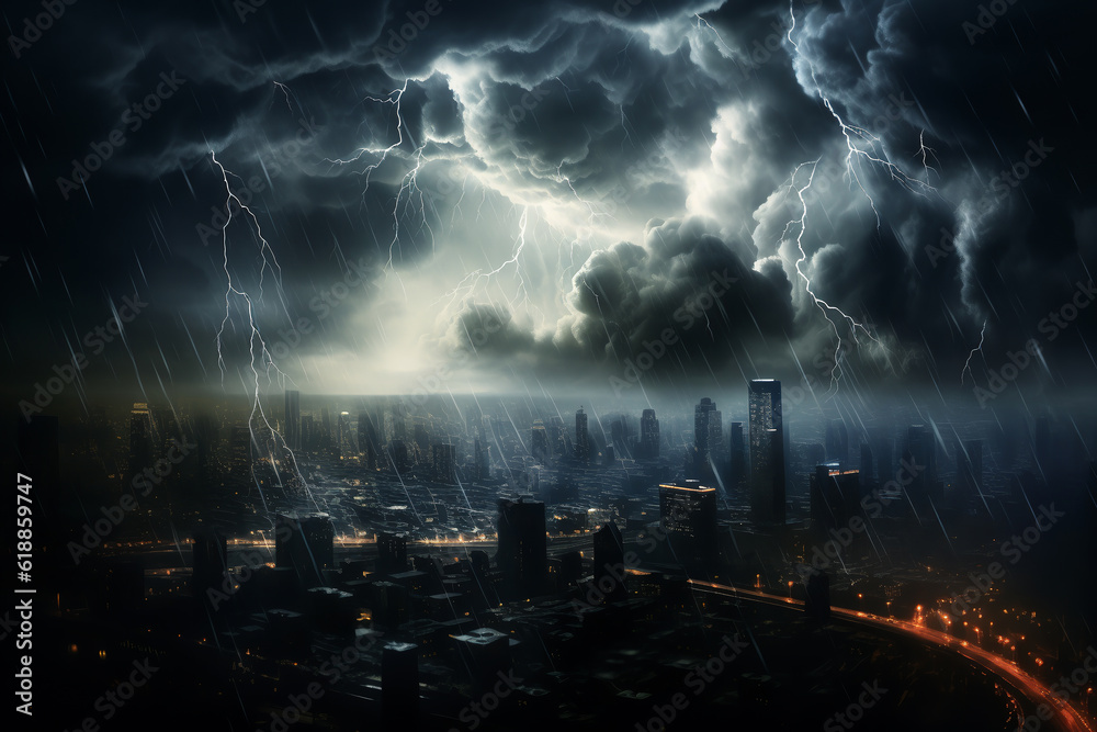 Severe weather hitting skyscraper city, extreme weather destroying city ...
