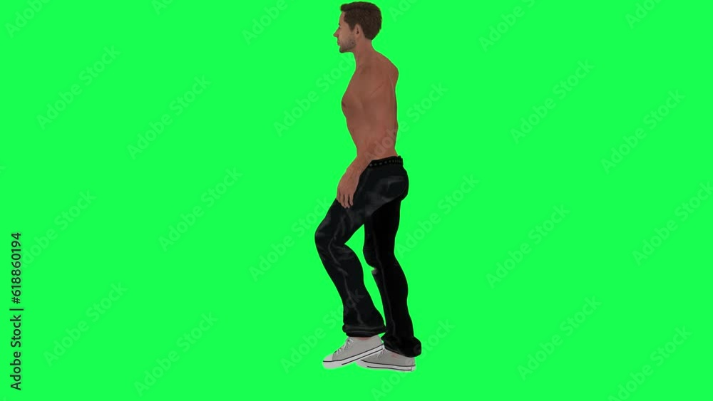 Lean half naked man on green screen moving forward from side angle ...
