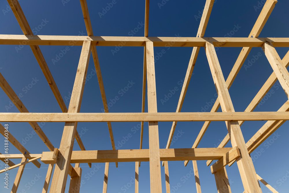 the wooden part of the prefabricated structure of a frame building ...