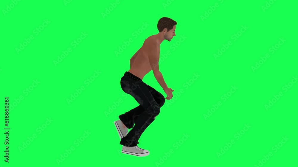 Green screen half naked skinny man running drunk from side angle 3d ...