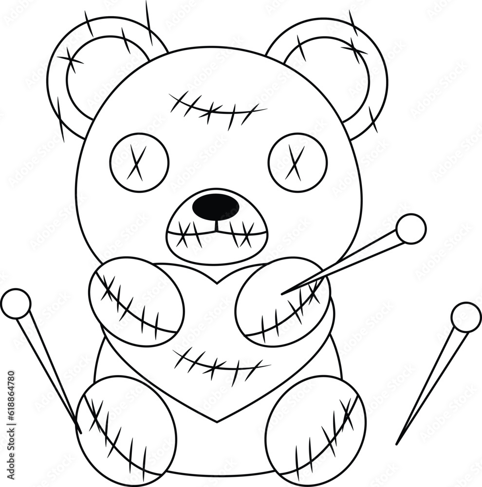 Voodoo Doll Teddy Bear Pastel Goth Vector Illustration Coloring Pages ...