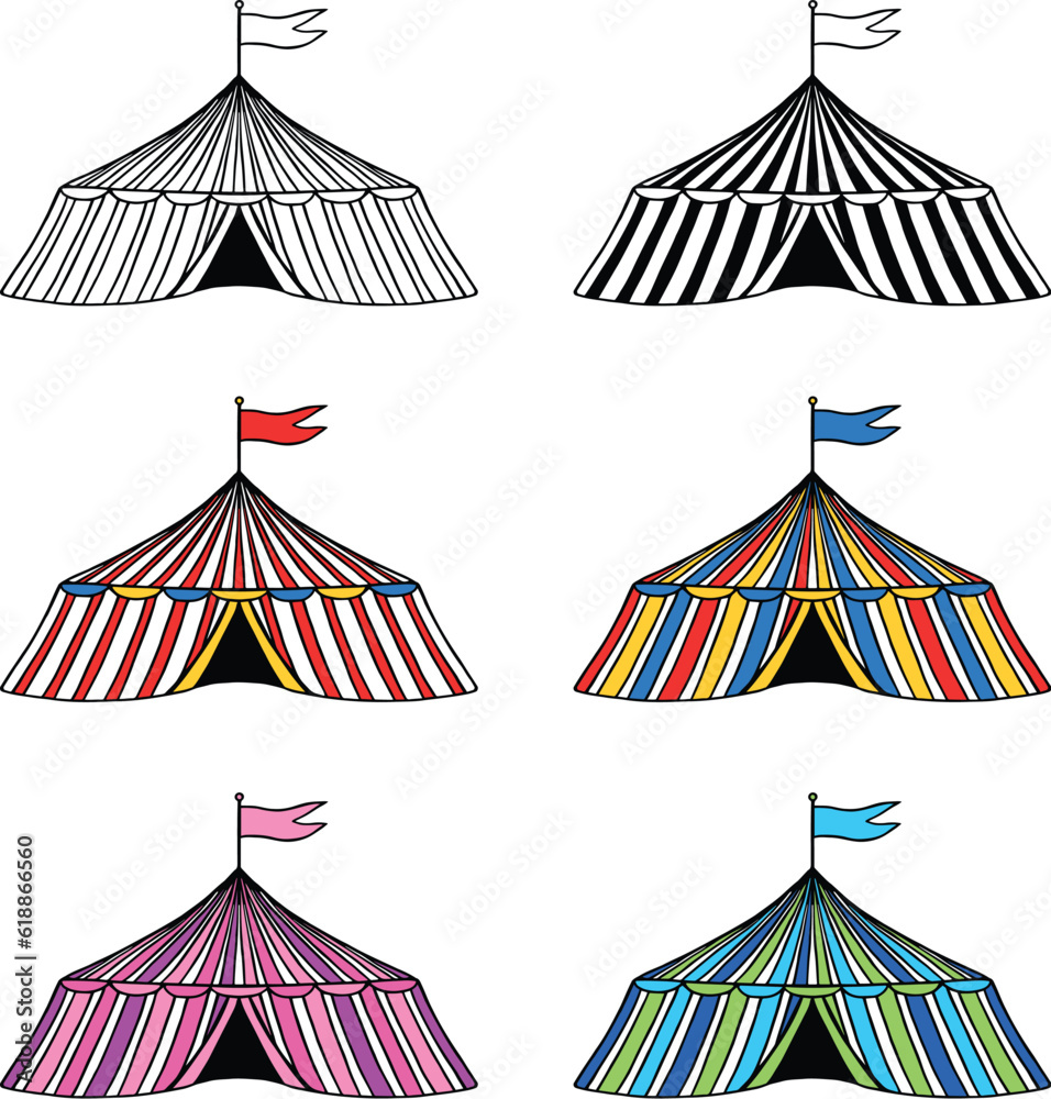 Circus or Party Tent Clipart Set - Outline and Color Stock Vector ...