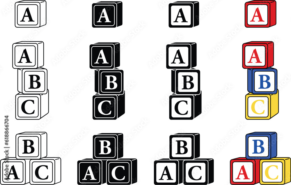 ABC Stacking Kids Blocks Vector Clipart - Outline, Silhouette & Color ...