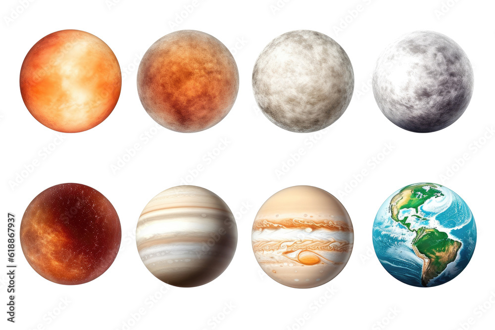 Collection of different types of planets photorealistic isolated on ...