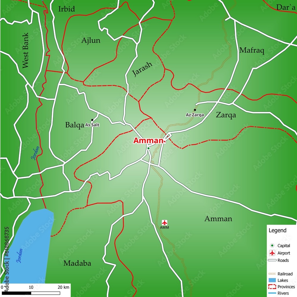 Map of the capital city Amman with main streets, rivers, lakes, urban ...