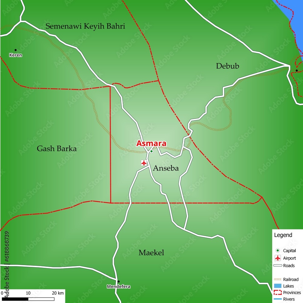 Map of the capital city Asmara with main streets, rivers, lakes, urban ...