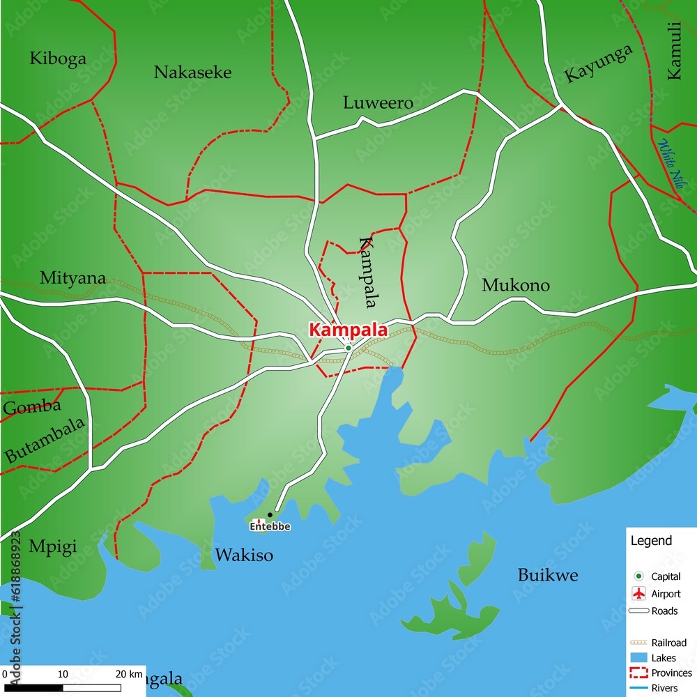 Map of the capital city Kampala with main streets, rivers, lakes, urban areas and names of ...