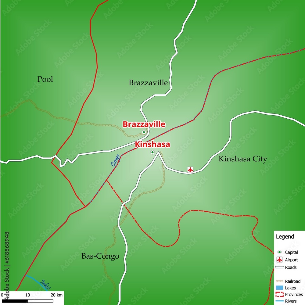 Map of the capital city Kinshasa with main streets, rivers, lakes ...