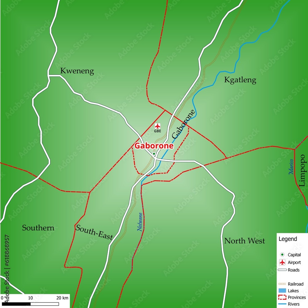 Map of the capital city Gaborone with main streets, rivers, lakes ...