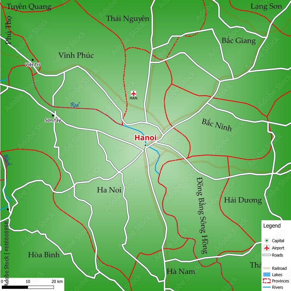 Map of the capital city Hanoi with main streets, rivers, lakes, urban ...