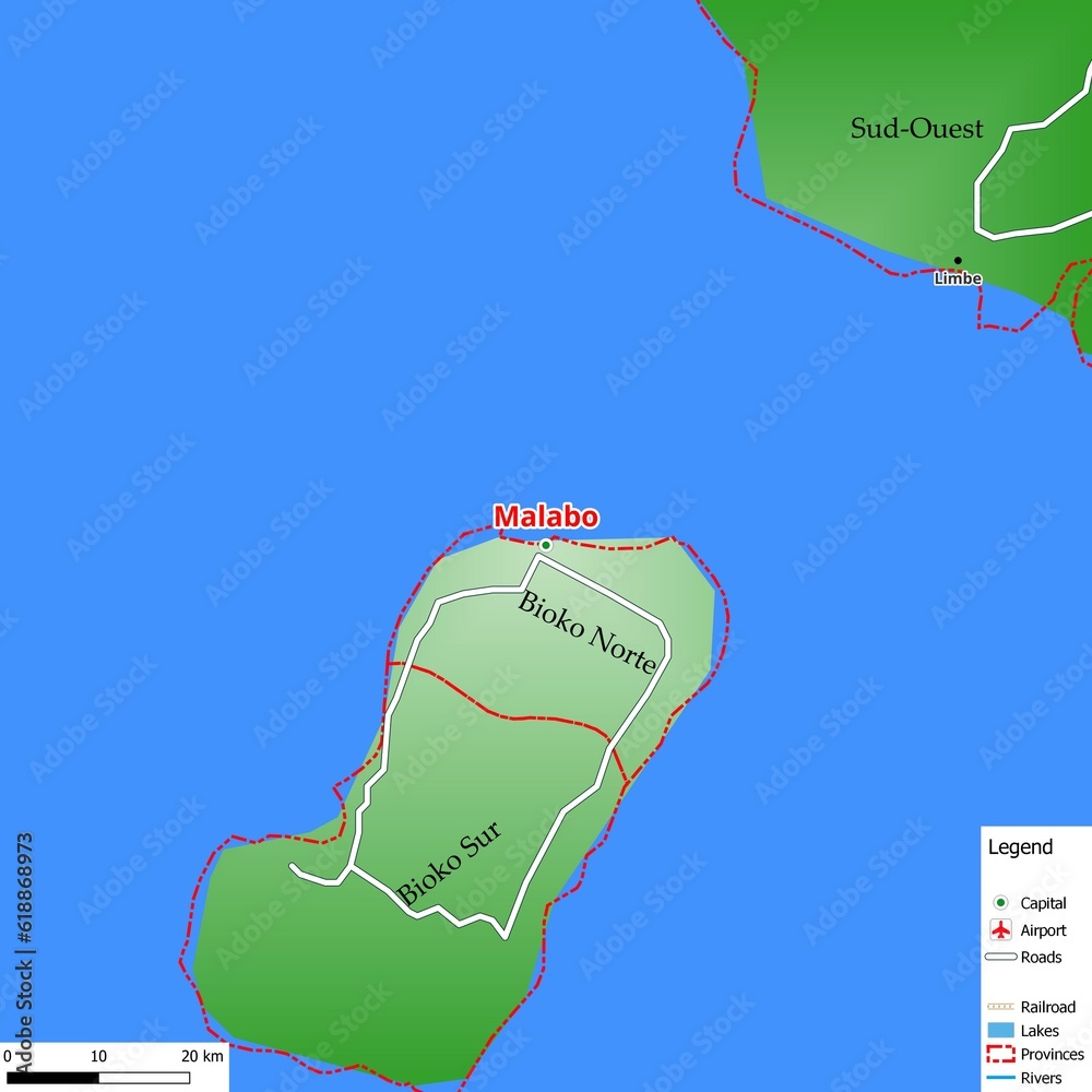 Map of the capital city Malabo with main streets, rivers, lakes, urban ...