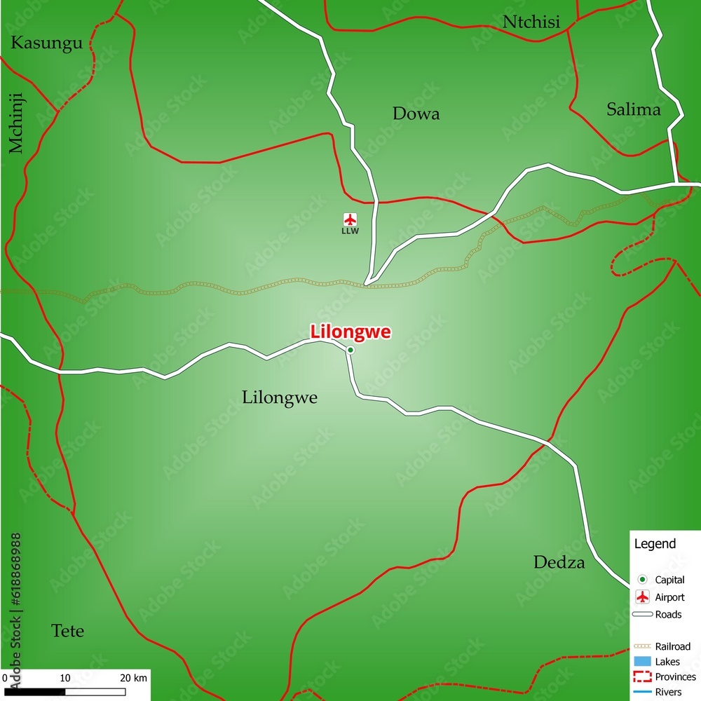 Map of the capital city Lilongwe with main streets, rivers, lakes ...