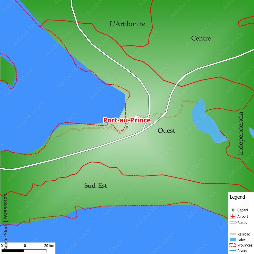 Map of the capital city Port-au-Prince with main streets, rivers, lakes ...