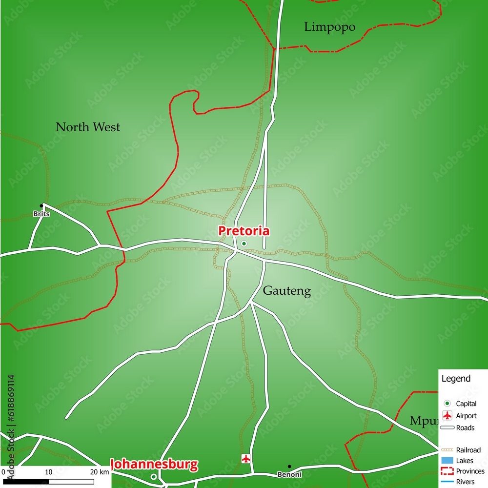 Map of the capital city Pretoria with main streets, rivers, lakes ...