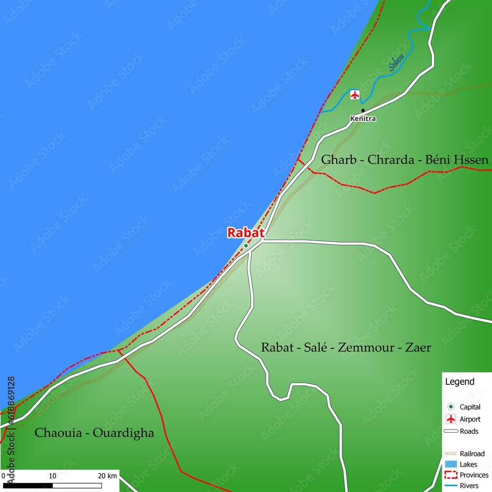 Map of the capital city Rabat with main streets, rivers, lakes, urban ...